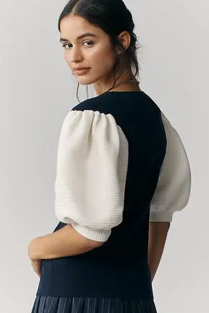 Maeve Puffed Short-sleeve V-neck Cardigan Sweater