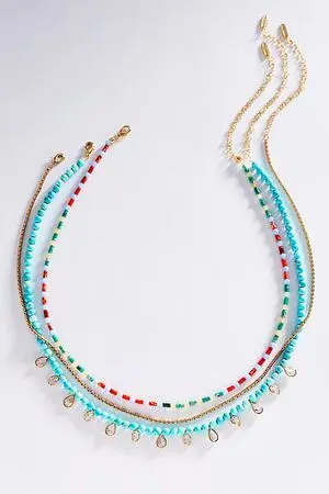 Anthropologie Layered Necklaces With Faux Pearl And Charm Detail Blue Pattern