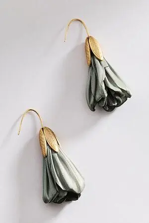 Anthropologie Fabric Flower Drop Earrings - Green