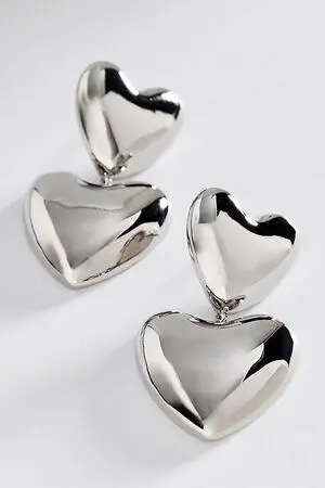Anthropologie Double Heart Drop Earrings - Silver