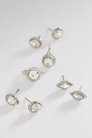 Anthropologie Crystal Bezel Earrings, Set Of 4 - Silver