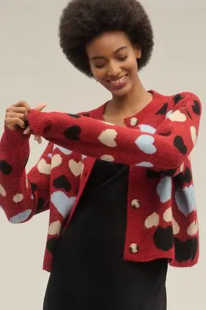 English Factory Crew Neck Heart Icon Cardigan Sweater - Red Pattern
