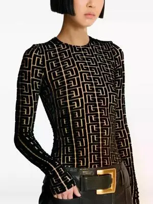 Balmain Monogrammed Velvet Round Neck Long Sleeve Top