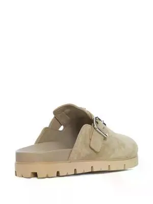 Prada Logo Buckle Suede Mules - Neutrals