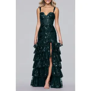 BLONDIE NITES Sequin Embroidered Tiered Tulle Gown - Black