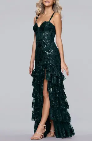 BLONDIE NITES Sequin Embroidered Tiered Tulle Gown