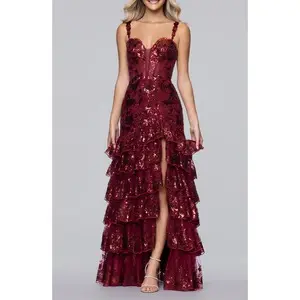 Wine Strappy Ruffled Dresses