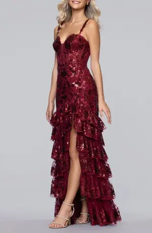 BLONDIE NITES Sequin Embroidered Tiered Tulle Gown