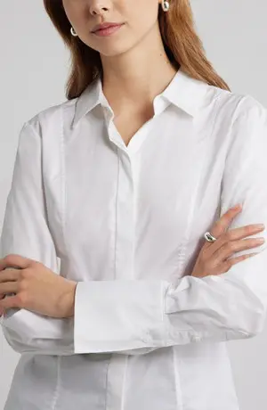 OPEN EDIT Seam Detail Split Back Stretch Cotton Poplin Shirt - White