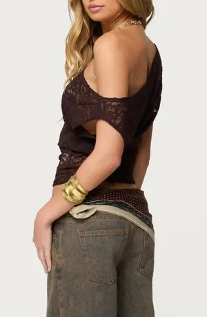 EDIKTED Kessa Lace One-shoulder Top - Brown