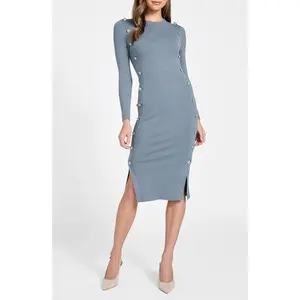 Guess Ribbed Long Sleeve Sweater Dress - Blue