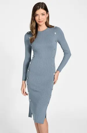 Guess Ribbed Long Sleeve Sweater Dress - Blue