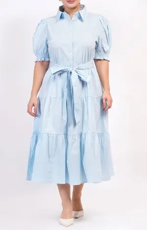 Leota Octavia Puff Sleeve Shirt Midi Dress - Wispy Blue