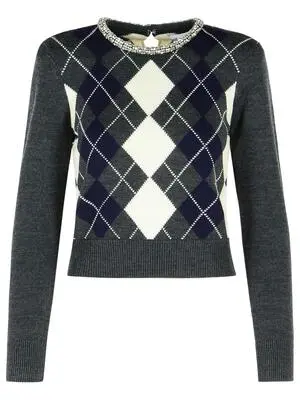 SELF-PORTRAIT Argyle Crystal Wool Sweater - Grey