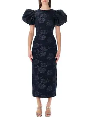 ROTATE BY BIRGER CHRISTENSEN Jacquard Puff Sleeve Midi Dress - Blue