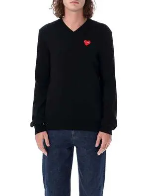 Play Comme Des Garcon Wool V-neck Sweater With Red Heart Patch - Black