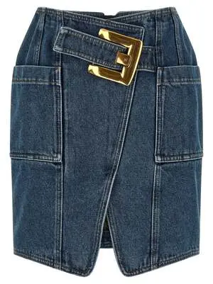 Balmain Belted Denim Skirt