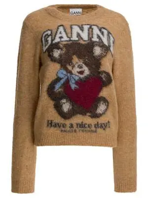 GANNI Printed Wool Sweater Beige