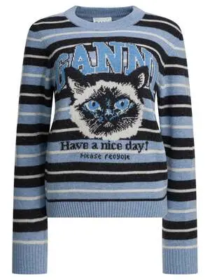 GANNI Printed Wool Blend Sweater - Light Blue