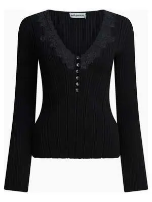 SELF-PORTRAIT Ribbed Knit Top With Lace - Black