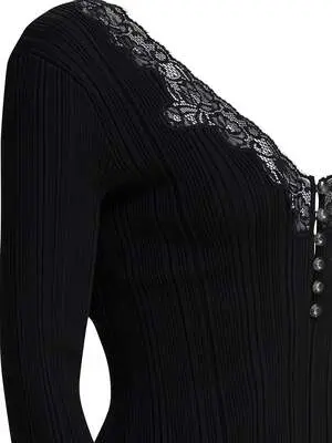 SELF-PORTRAIT Ribbed Knit Top With Lace - Black