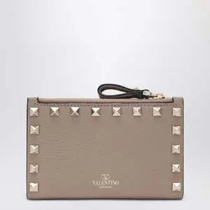 Valentino Garavani Powder Leather Rockstud Zip Card Holder - Pink