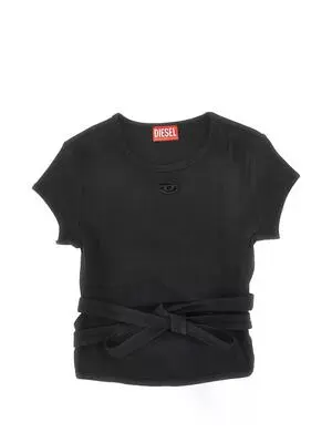 DIESEL® Ribbed T-shirt With Logo Plaque And Tie Detail - Grey