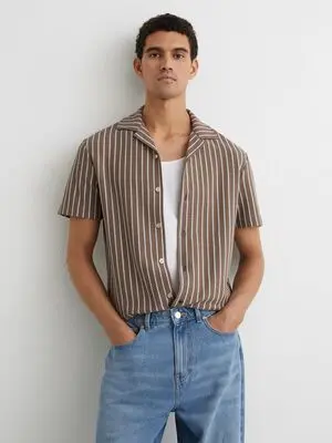 REISS Percy Textured-stripe Cuban-collar Shirt Cotton-blend Brown/ecru