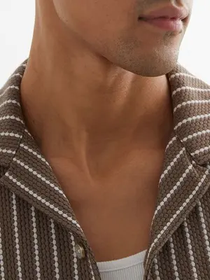 REISS Percy Textured-stripe Cuban-collar Shirt Cotton-blend - Brown/ecru