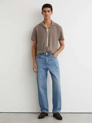REISS Percy Textured-stripe Cuban-collar Shirt Cotton-blend - Brown/ecru