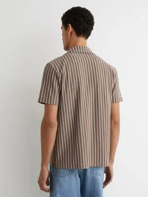 REISS Percy Textured-stripe Cuban-collar Shirt Cotton-blend - Brown/ecru