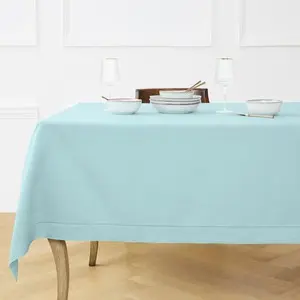 SOLINO HOME Linen Tableclothclassic Hemstitch Aqua Blue