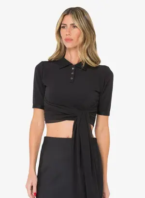 JBQ Knit Polo Top With Chiffon Tie - Black