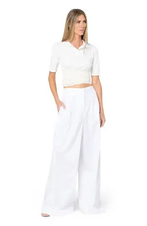 JBQ Knit Polo Top With Chiffon Tie - Bone