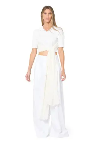 JBQ Knit Polo Top With Chiffon Tie - Bone