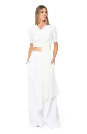 JBQ Knit Polo Top With Chiffon Tie - Bone