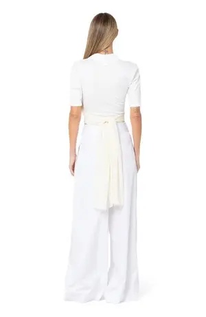 JBQ Knit Polo Top With Chiffon Tie - Bone