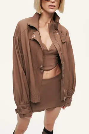 NOCTURNE High Neck Cropped Jacket - Brown