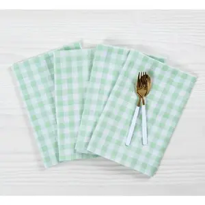 SOLINO HOME Linen Dinner Napkinsgingham Check Celadon