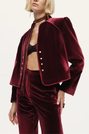 NOCTURNE Velvet Cropped Jacket - Burgundy