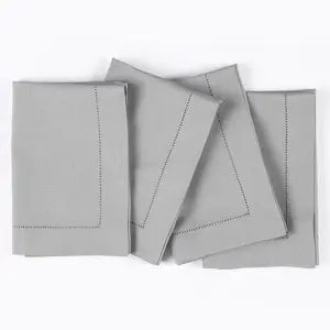 Solino Home Cotton Hemstitch Dinner Napkins Set Of 4, 20 X 20 Inch For Dining Table - Light Grey