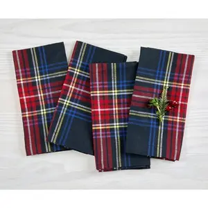 SOLINO HOME Linen Dinner Napkinsstewart Plaid - Black