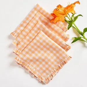 SOLINO HOME Linen Dinner Napkinsgingham Ruffle - Sunny Orange