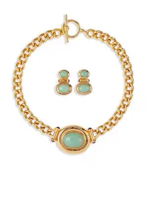 SUSAN CAPLAN 1990s Elizabeth Taylor Cabochon Necklace And Clip-on Earrings Set - Gold