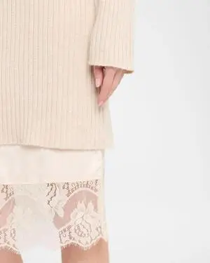 Staud Ribbed Knit Sweater Dress With Lace Hem - Ecru