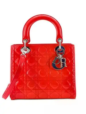 Dior Lady Bag Cannage Quilt Patent Medium Satchel - Red