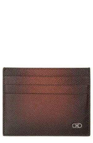 FERRAGAMO Micro Double Gancio Burnished Leather Card Case - New Cognac Nero T Moro