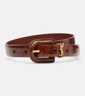 Saint Laurent Cassandre Croc-effect Leather Belt - Brown