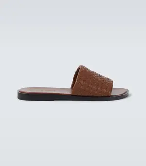 Bottega Veneta Elio Intrecciato Leather Slides - Brown