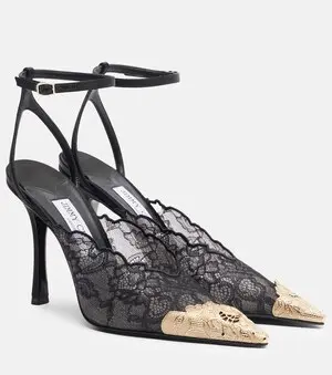 JIMMY CHOO Faiz 100 Leather-Trimmed Lace Pumps